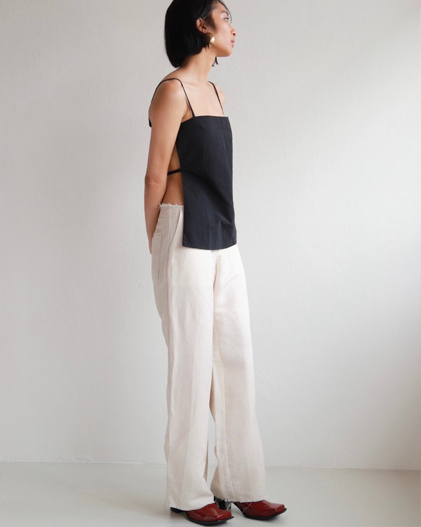 PLAIN JAYNE - Linen Beige Ribbed Pants - Beige - H I D E