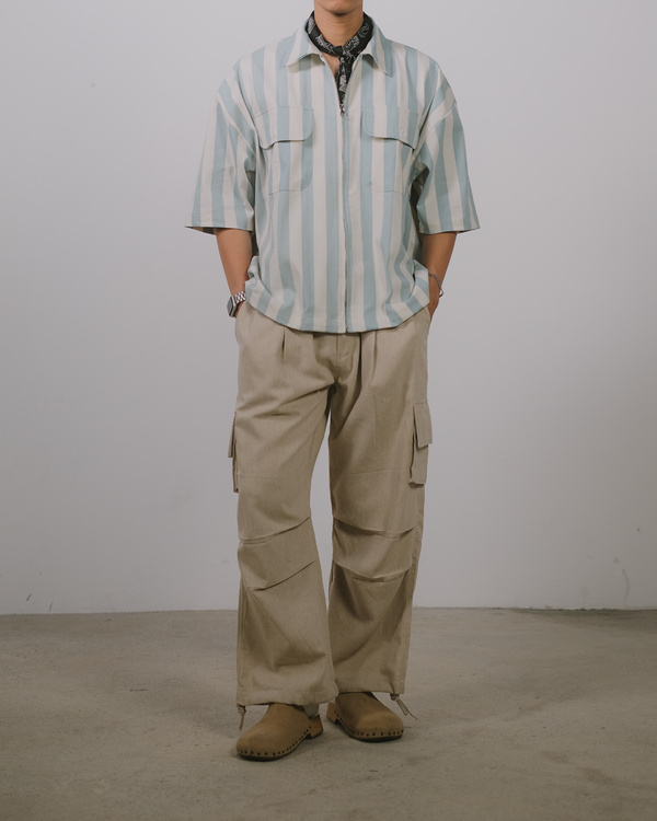 COMPOSE - Zip-Up Oversized Shirt - Striped Blue - H I D E