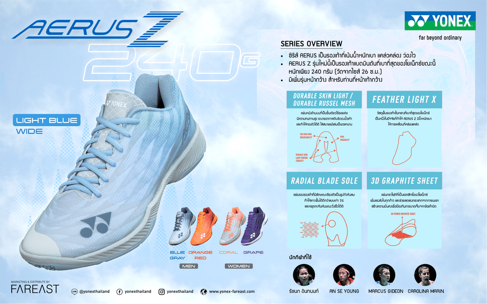 POWER CUSHION AERUS Z 💙LIGHT BLUE💙WIDE ( ฟ้าอ่อน ) - MM Badminton Shop