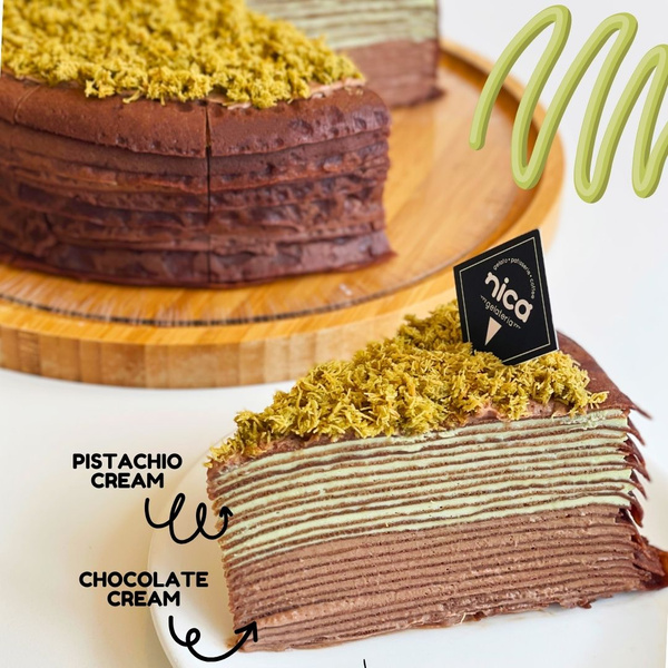 Chocolate Pistachio Kunafa Mille Crepe (Whole Cake) - Nica Gelateria