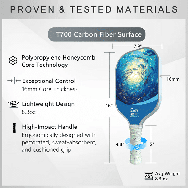 Luzz Pickleball Marine Original Paddle (16mm) T700 Carbon Fiber - Standard Surface - PICKLEPLAY GEAR