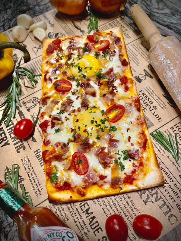 Bacon Egg Cheesy Flatbread - The Nest Grill & Lounge